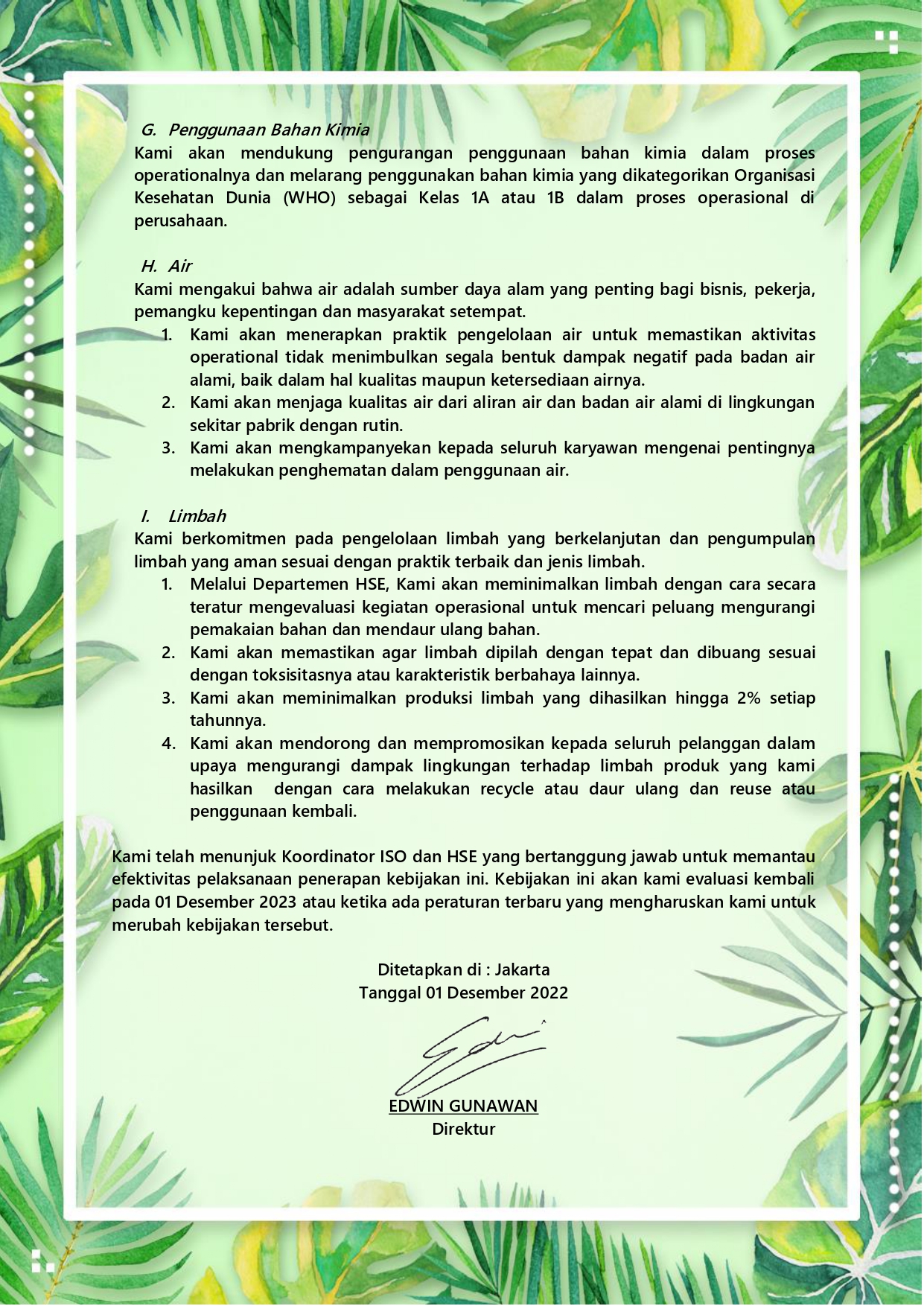 Sustainability Policy | PT Indochemical Citra Kimia (Indochem)